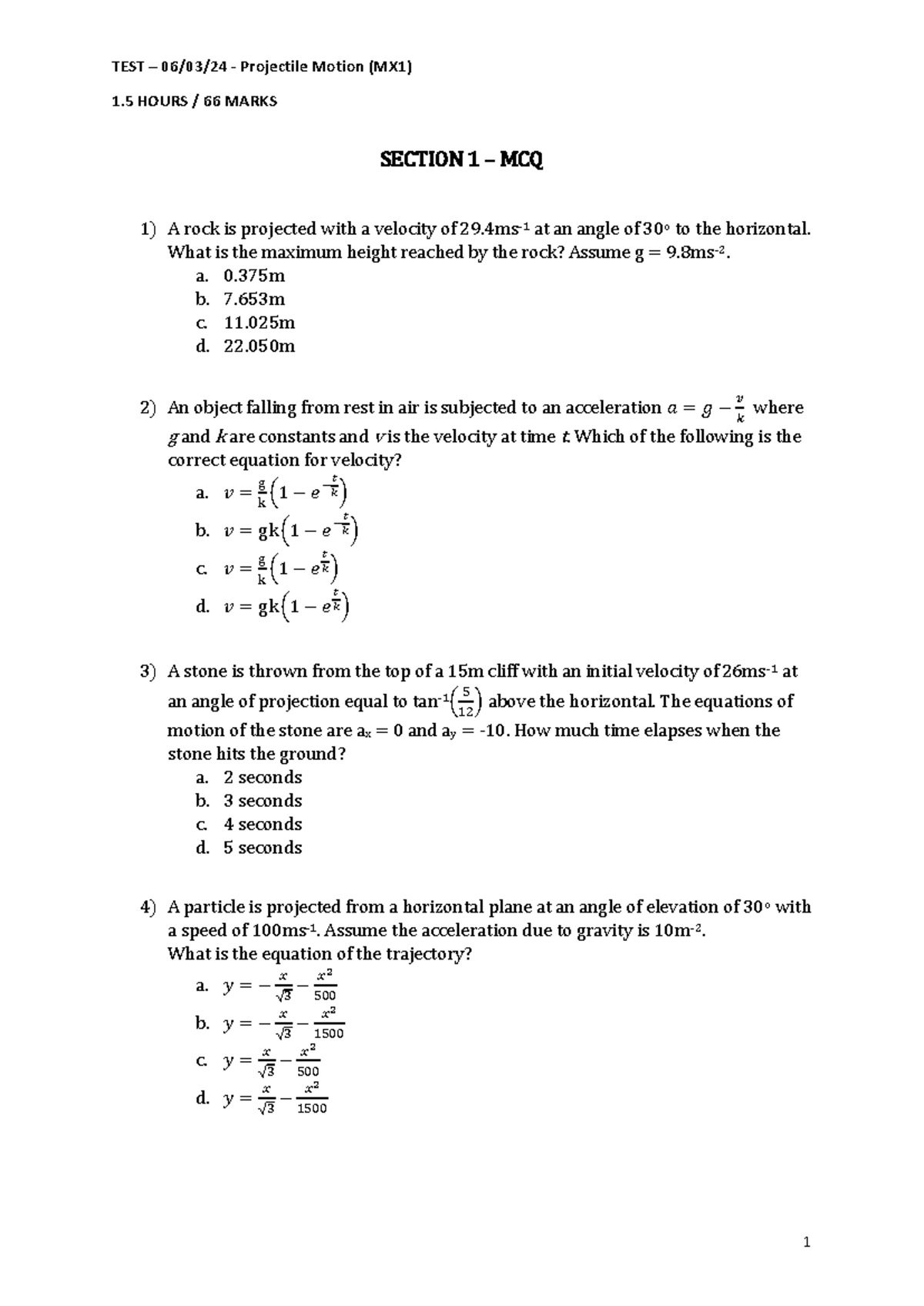 TEST - Projectile Motion MX1 - 06 - 1 HOURS / 66 MARKS SECTION 1 – MCQ ...