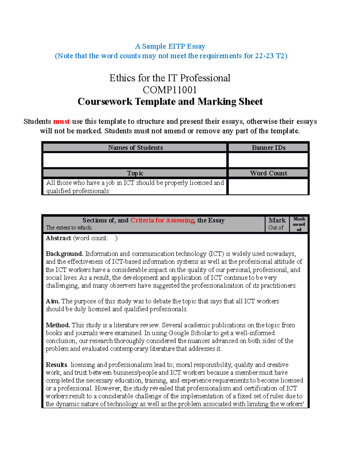 JF a Sample EITP Essay using the new CW Template 30Jan2023 - A Sample EITP Essay (Note that the ...