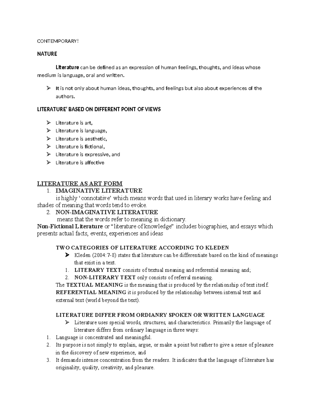 Contemporary - CONTEMPORARY! NATURE Literature can be defined as an ...