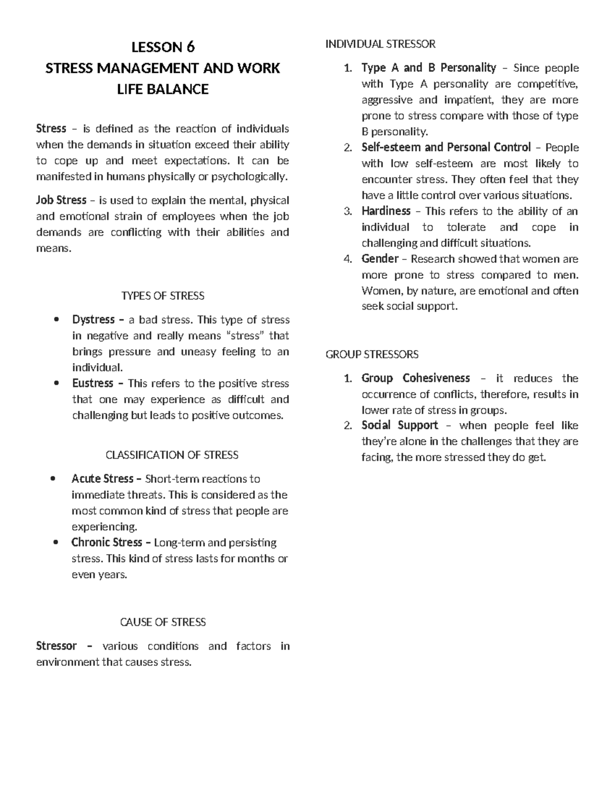 Lesson 6 - N/A - LESSON 6 STRESS MANAGEMENT AND WORK LIFE BALANCE ...