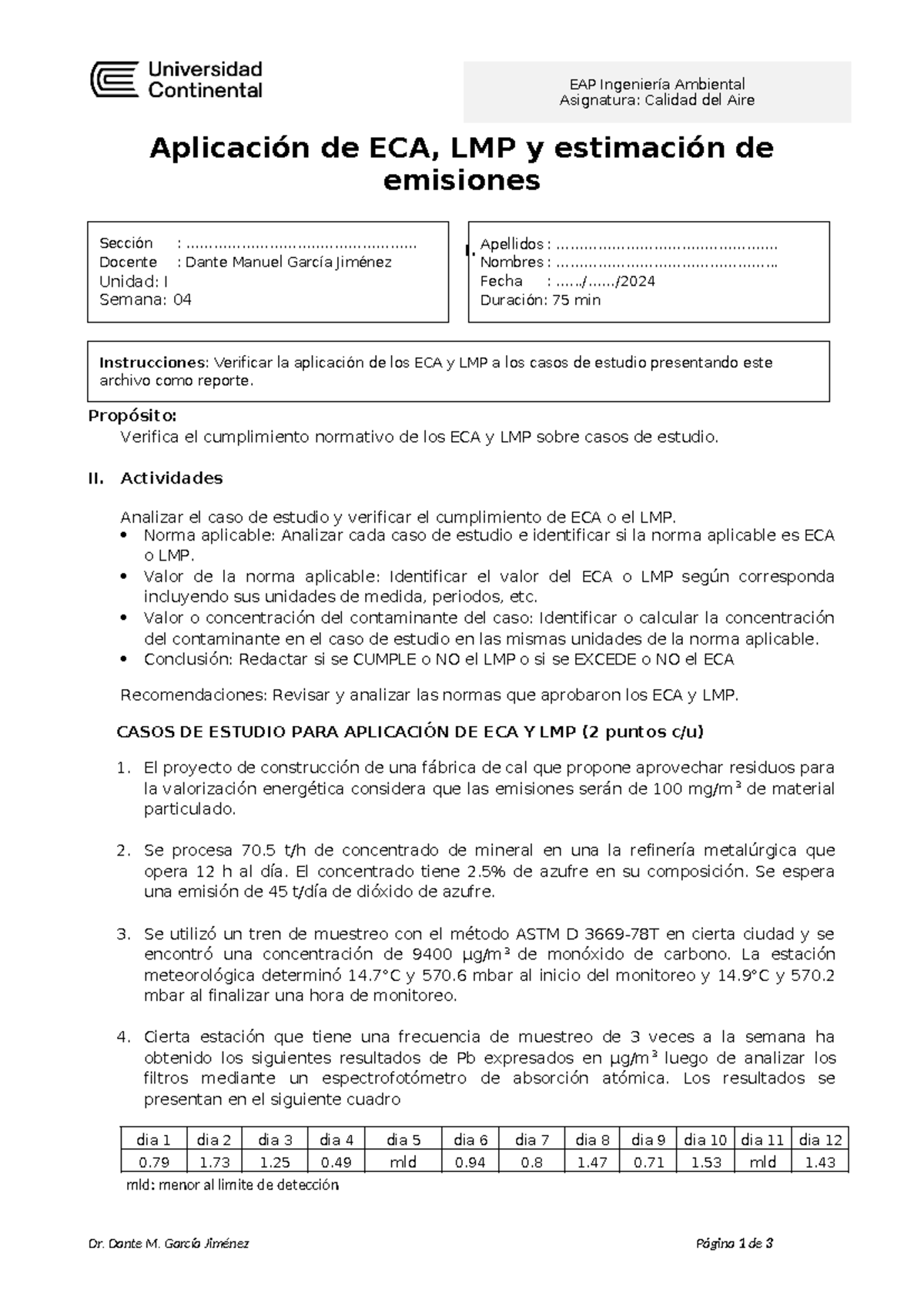 Aplicación ECA, LMP y FE D - EAP Ingeniería Ambiental Asignatura: Calidad del Aire Aplicación de ...