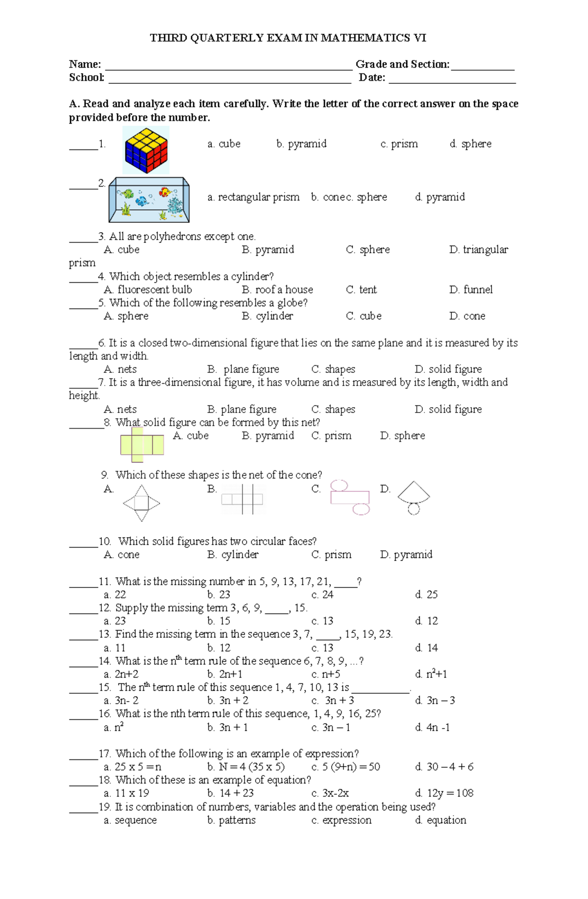 Q3 MATH EXAM 2023 2024 - Summary Bachelor of Science in Nursing - THIRD ...