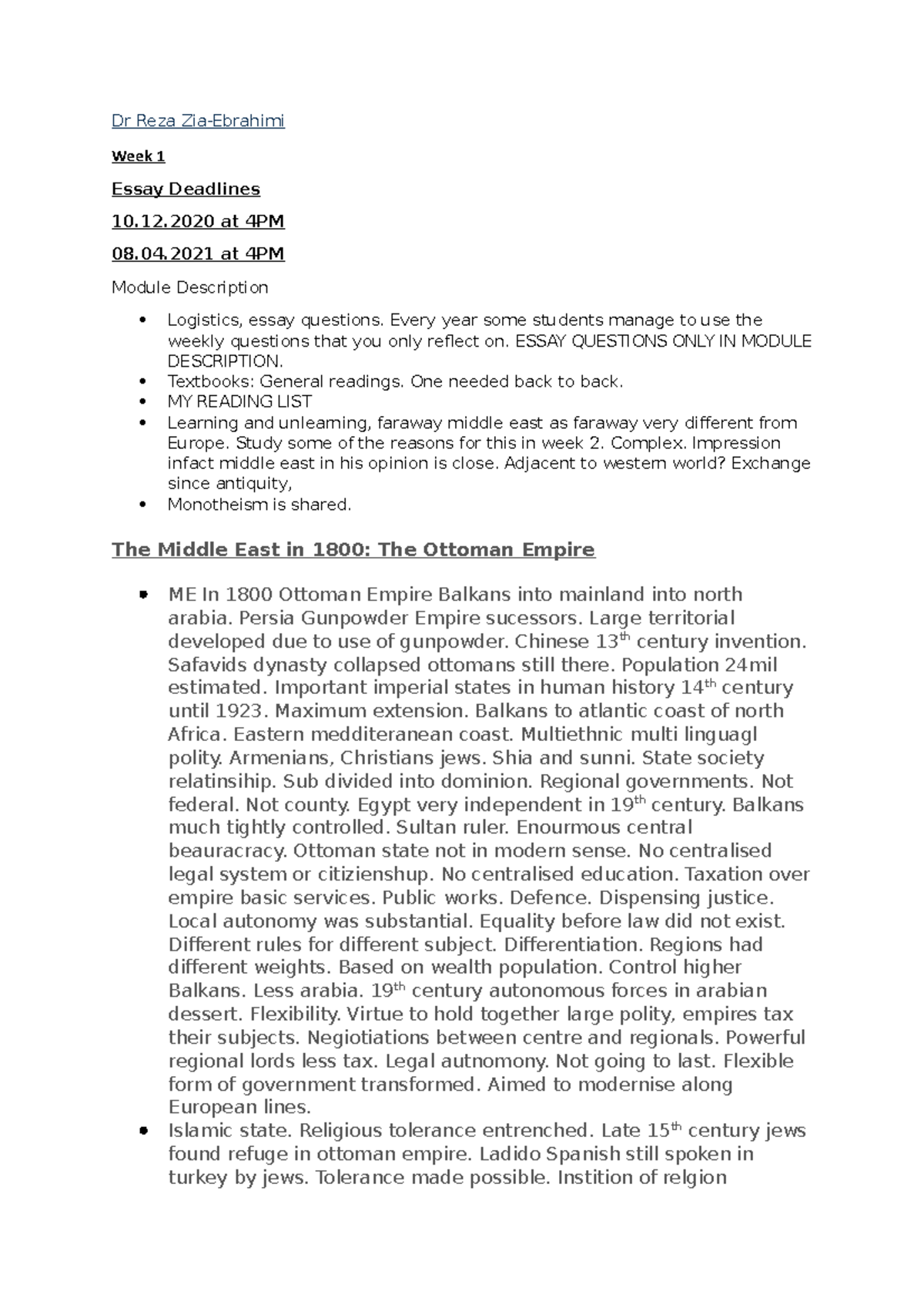 Week 1 Notes Introduction to Middle Eastern History - Dr Reza Zia ...