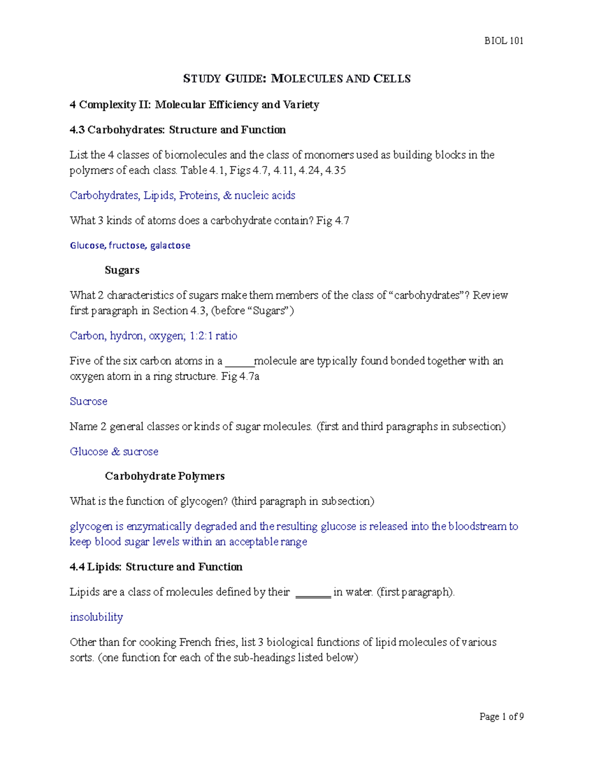 Study Guide Molecules and Cells - STUDY GUIDE: MOLECULES AND CELLS 4 ...