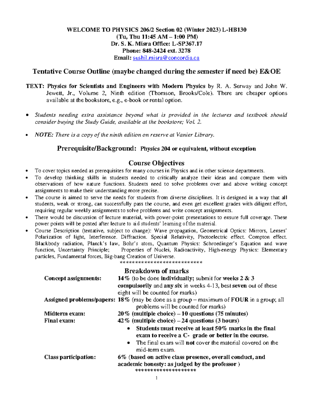 PHYS206 Outline - WELCOME TO PHYSICS 206/ 2 Section 02 (Winter 2023 ) L ...
