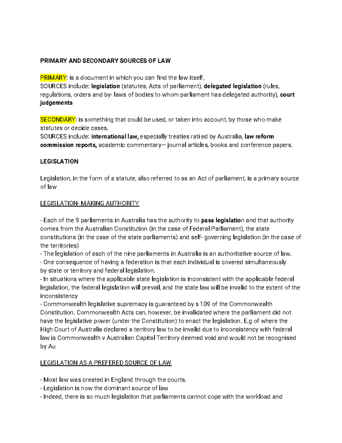 Chapter 2 Notes - PRIMARY AND SECONDARY SOURCES OF LAW PRIMARY : is a ...