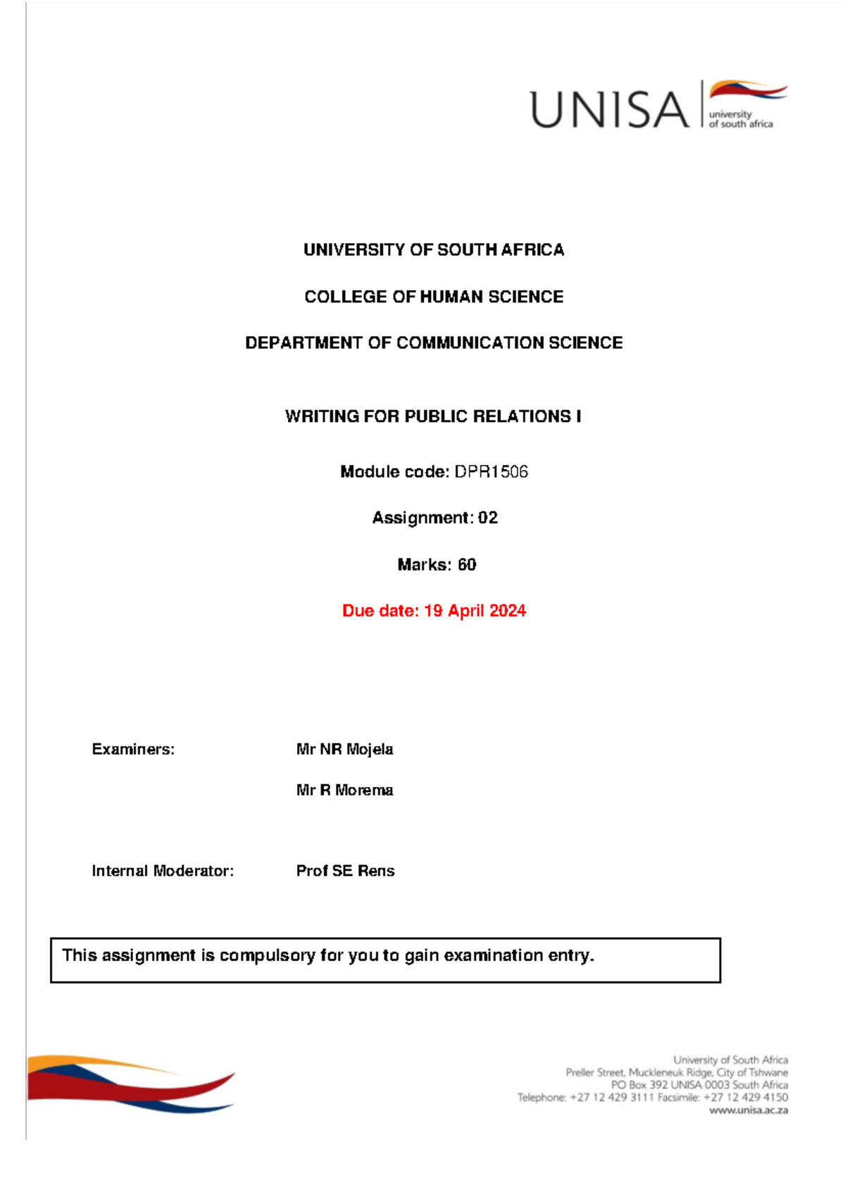 DPR1506 Assignment 02 - 2024 Questions - UNIVERSITY OF SOUTH AFRICA COLLEGE OF HUMAN SCIENCE ...