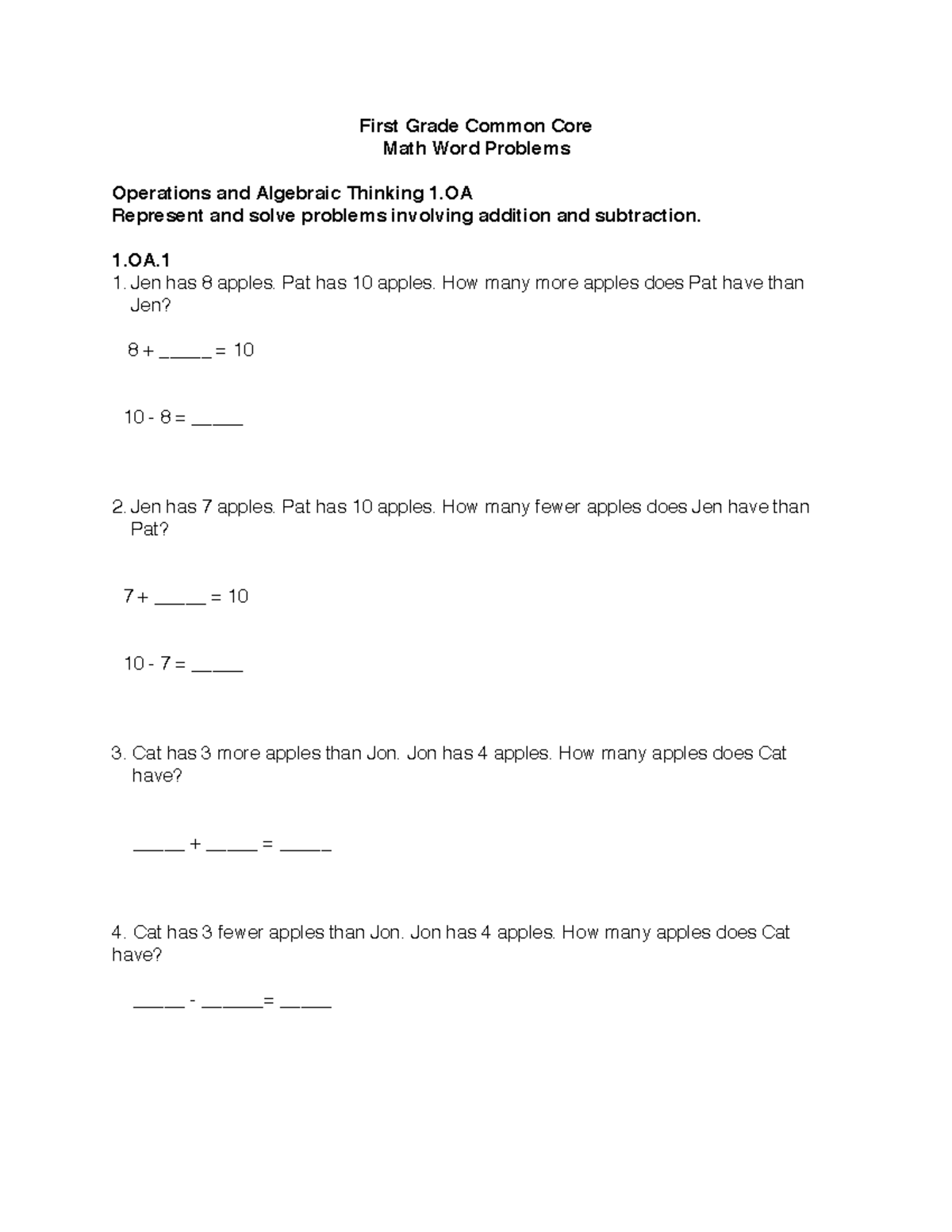 1st Grade Maths Word Problems First Grade Common Core Math Word