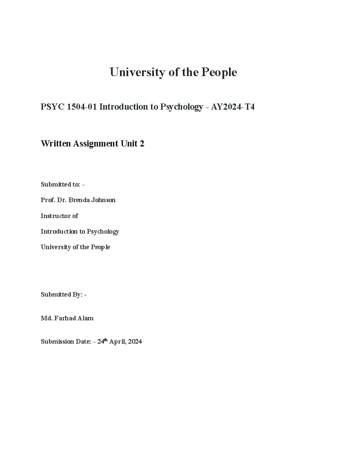 Psy1504Assignment Unit-02 - University of the People PSYC 1504-01 Introduction to Psychology ...