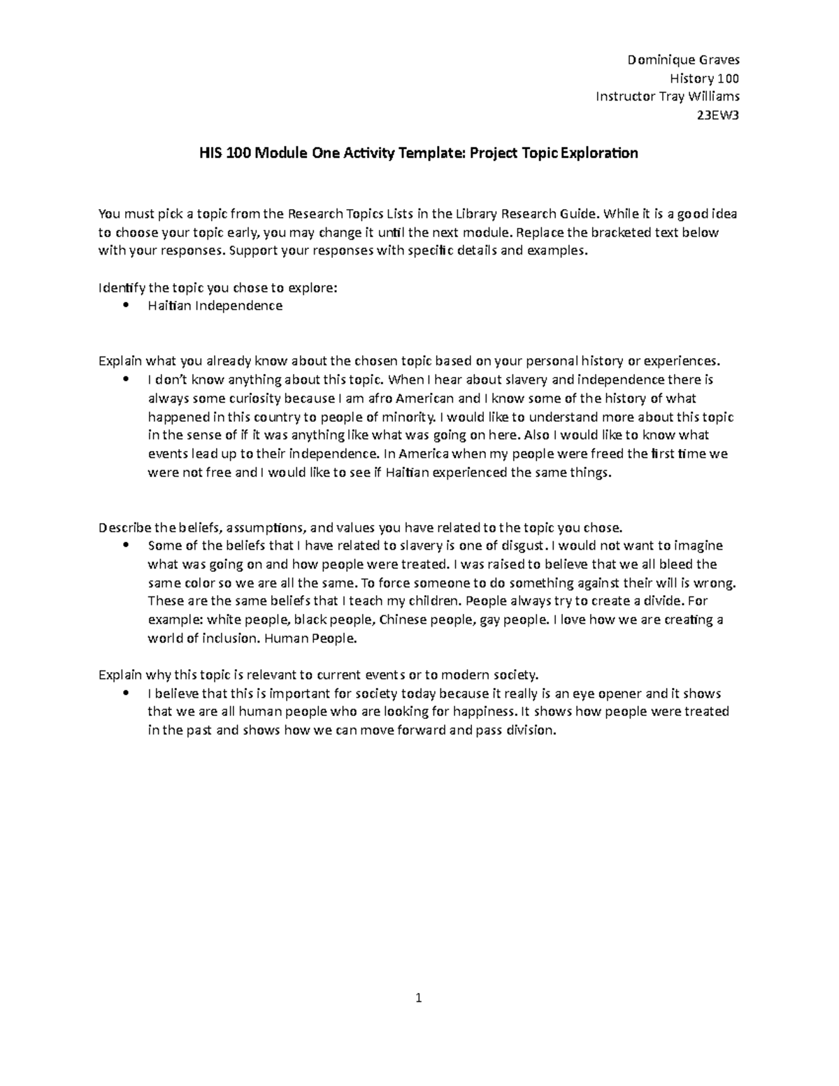HIS 100 Module 1-2 - his 100 - Dominique Graves History 100 Instructor ...