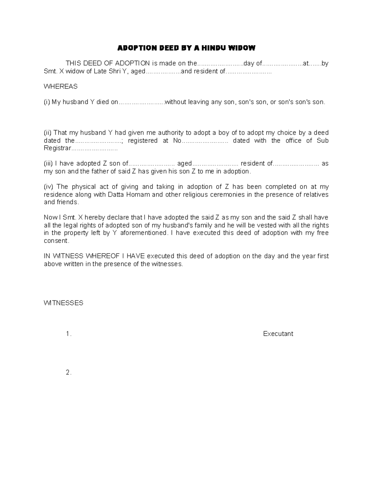 Adoption deed by a hindu widow - ADOPTION DEED BY A HINDU WIDOW THIS ...