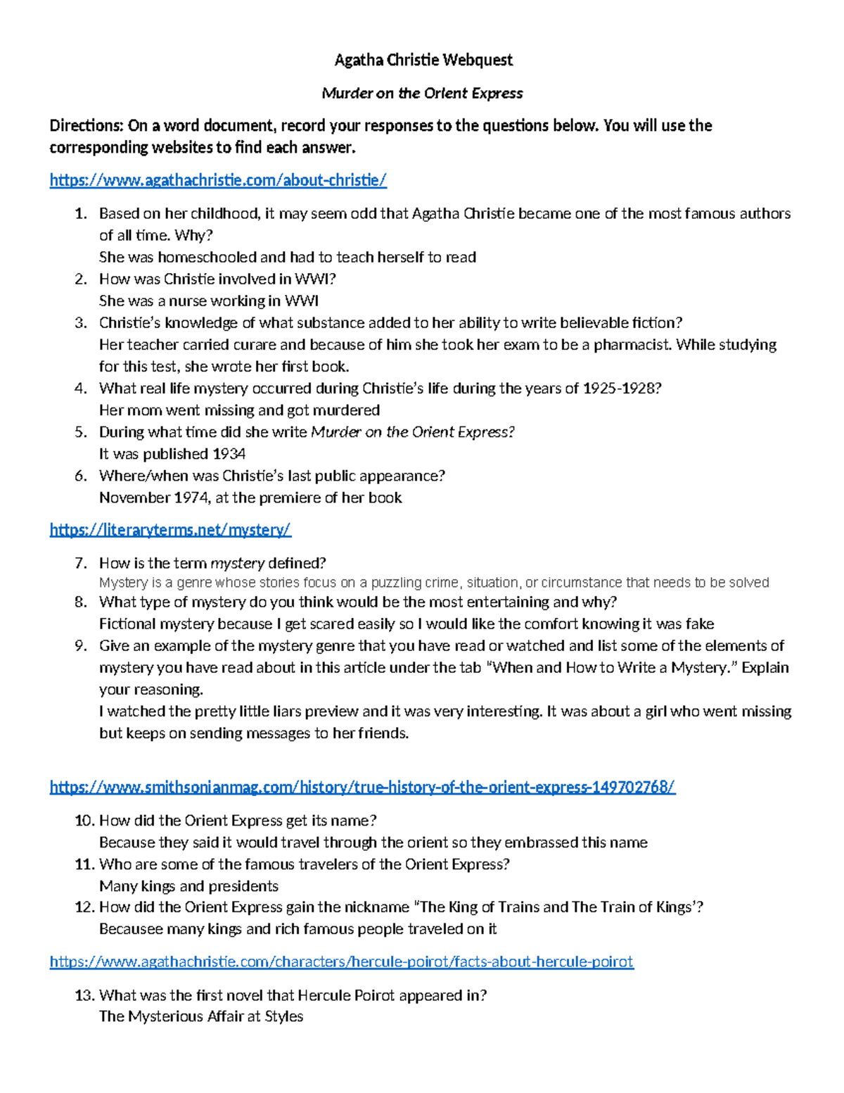 Agatha Christie Webquest H 2023 - Agatha Christie Webquest Murder on ...