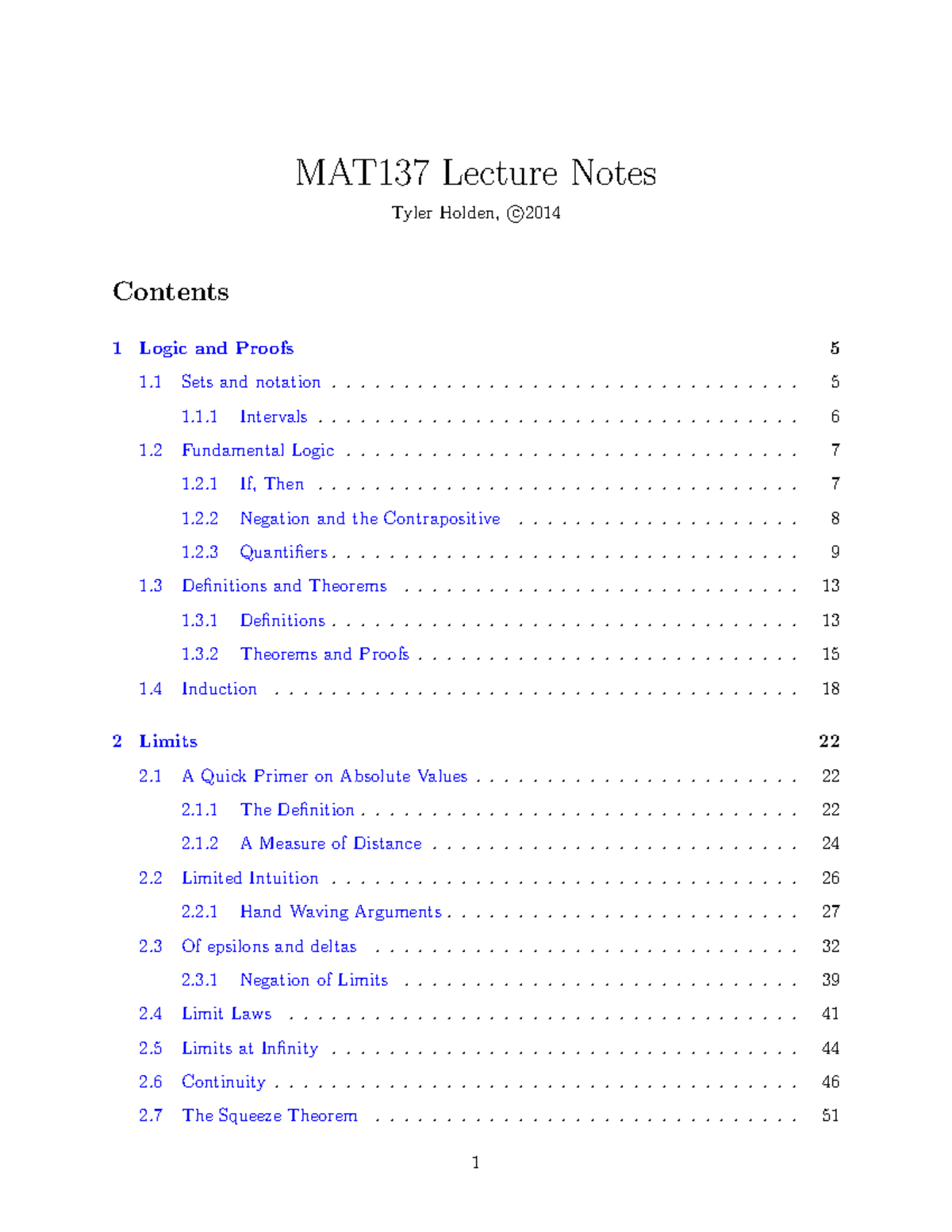 MAT137 notes - MAT137 Lecture Notes - Tyler Holden, c 1 Logic and ...