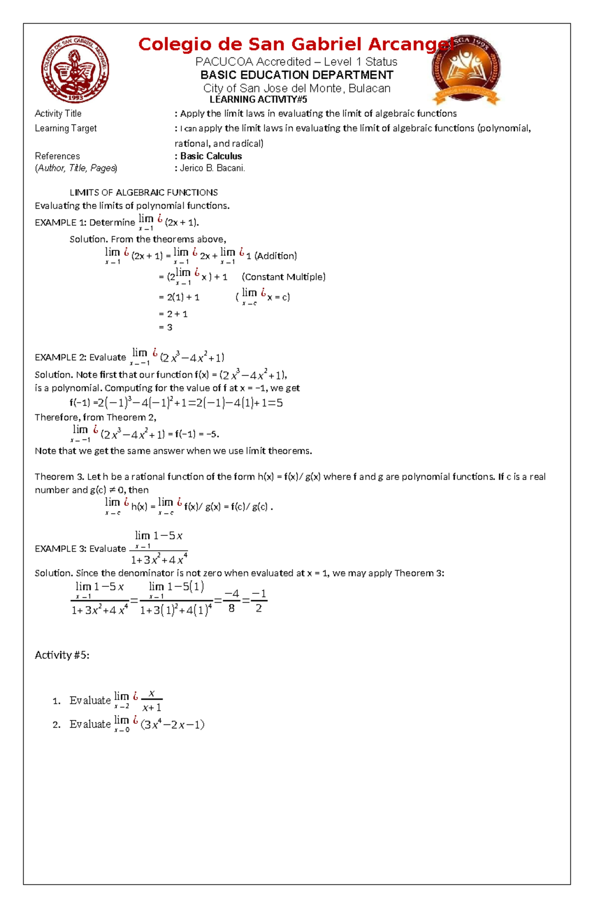 LAS #5 Apply the limit laws in evaluating the limit of algebraic ...
