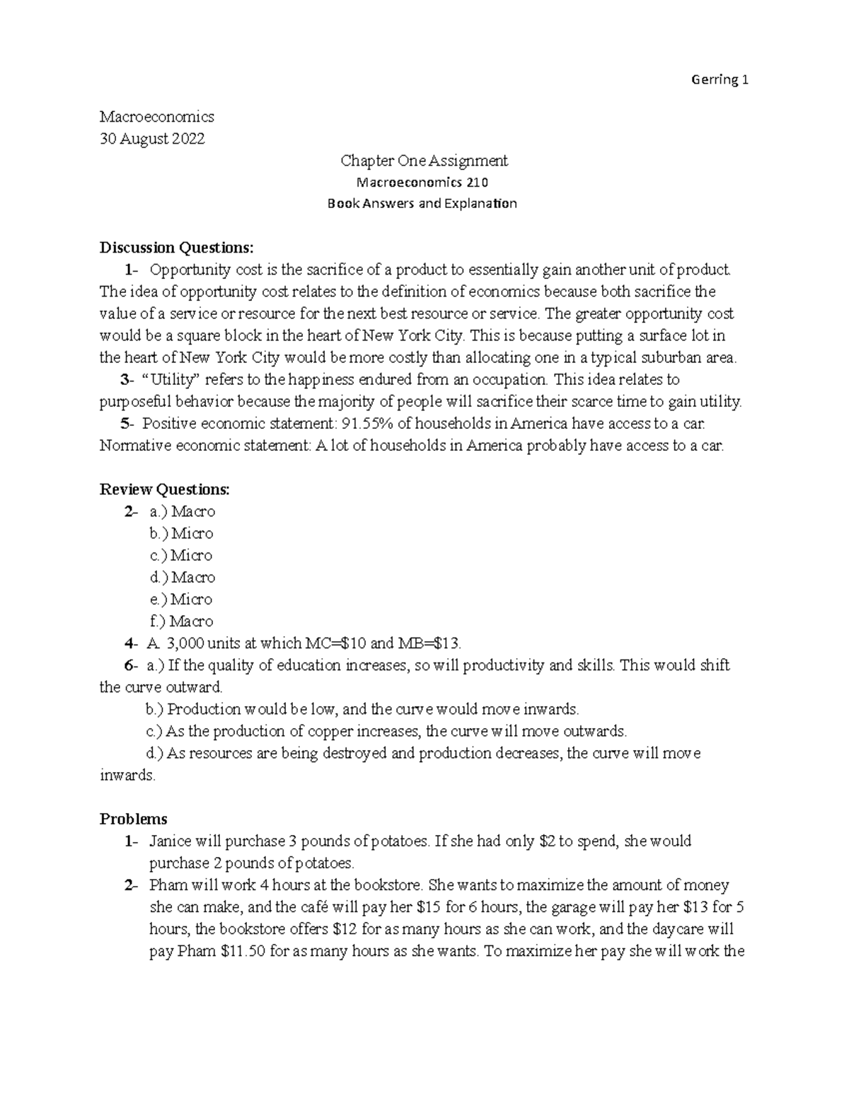 Chapter One Macroeconomics - Gerring 1 Macroeconomics 30 August 2022 Chapter One Assignment ...