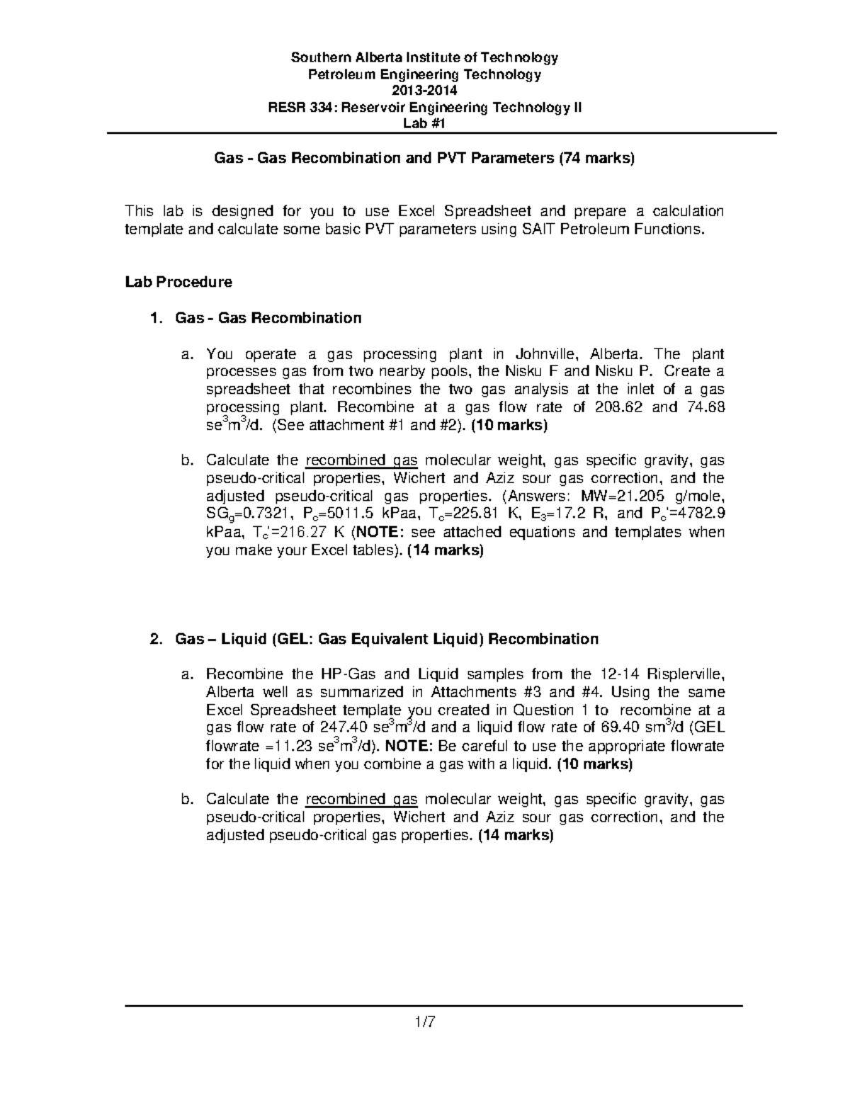 Gas - Gas Recombination and PVT Parameters - RESR344 - SAIT Polytechnic - Studocu