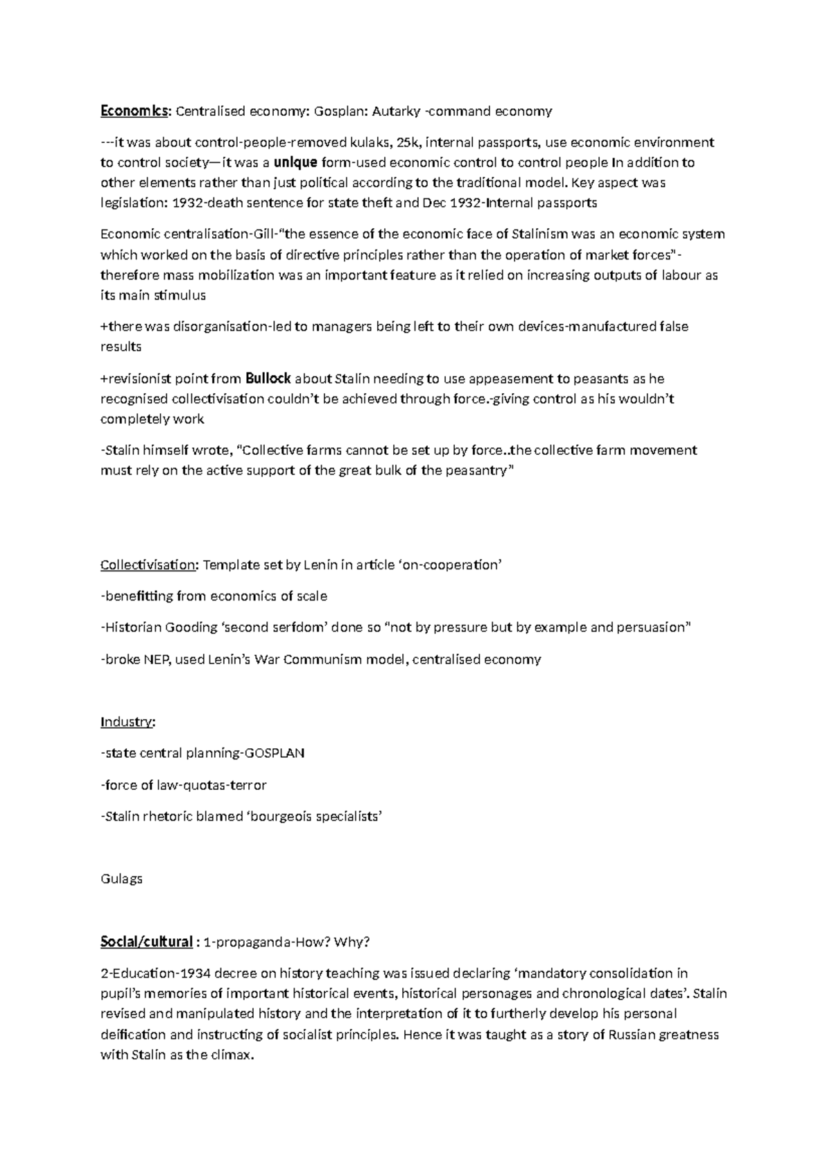 History Assessment Stalin Totalitarian - Economics: Centralised economy ...