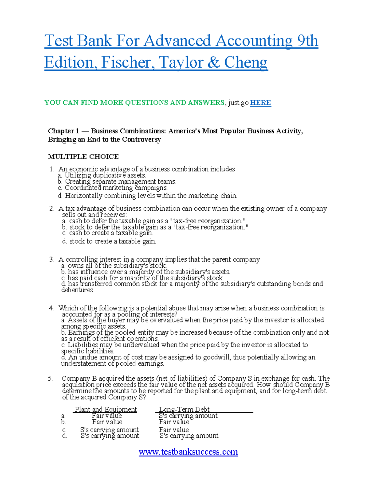 Test Bank Advanced Accounting 9th Edition Fischer Taylor Cheng ...