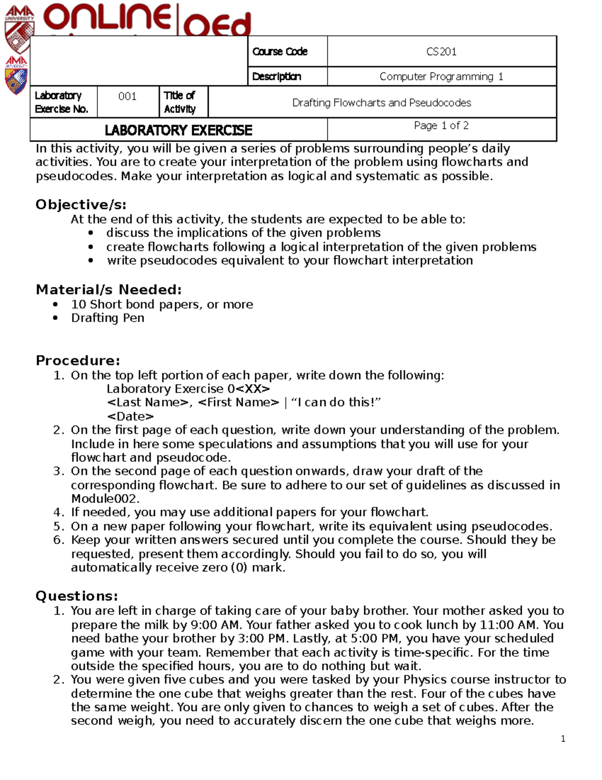 Week002 Lab1 Problem Solving Through Flowcharts Edited In This Activity You Will Be Given A