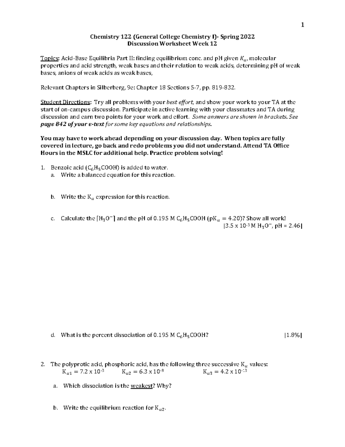 Chem 122 Discussion worksheet week 12 Spring 2022 - 1 Chemistry 122 ...