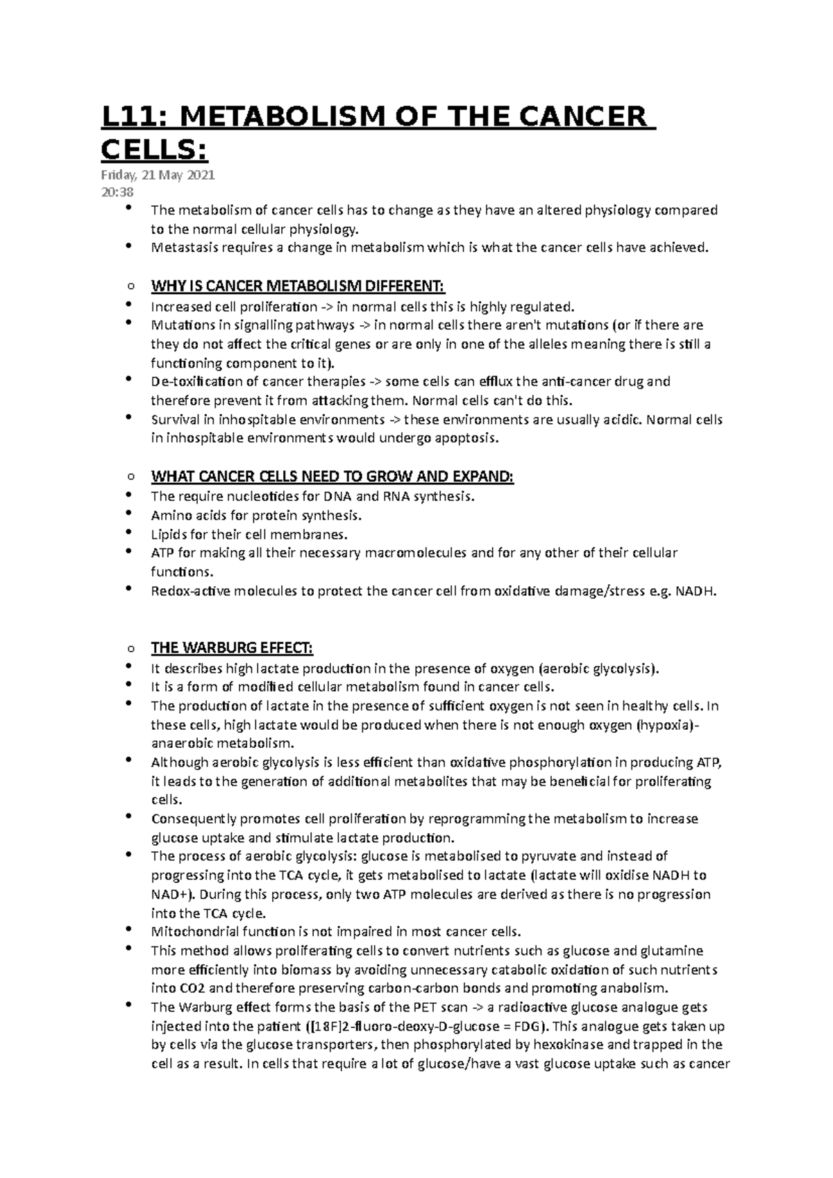 Cancer metabolism - Lecture notes 11 - L11: METABOLISM OF THE CANCER ...