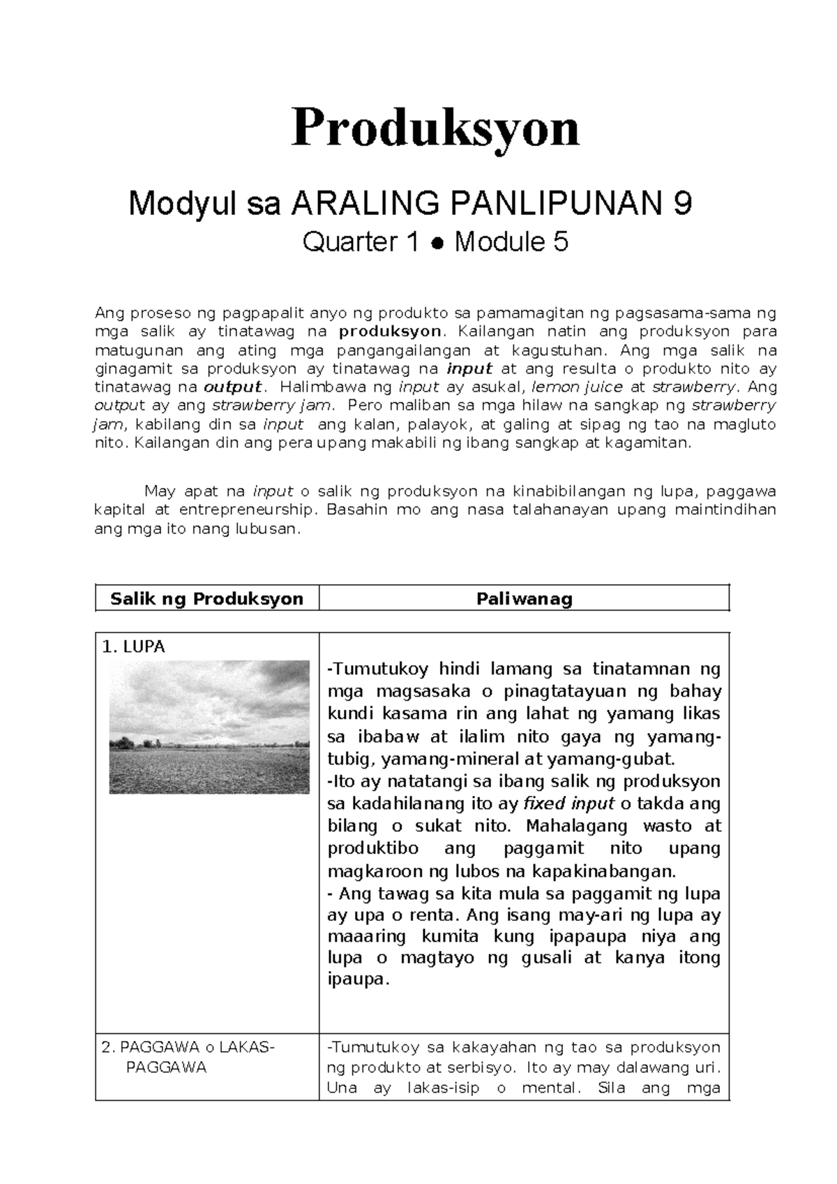 Ap9 q1 mod5 produksiyon - Produksyon Modyul sa ARALING PANLIPUNAN 9 Quarter 1 Module 5 Ang ...