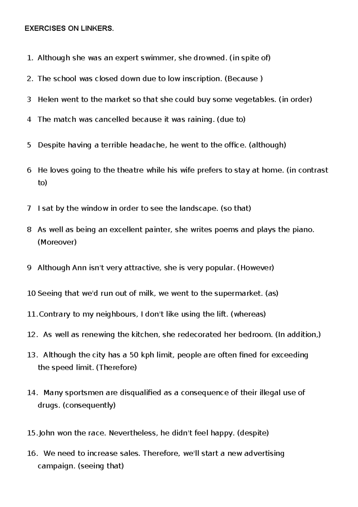 Linkers Words Ii Exercises On Linkers Although She Was An Expert Swimmer She Drowned In