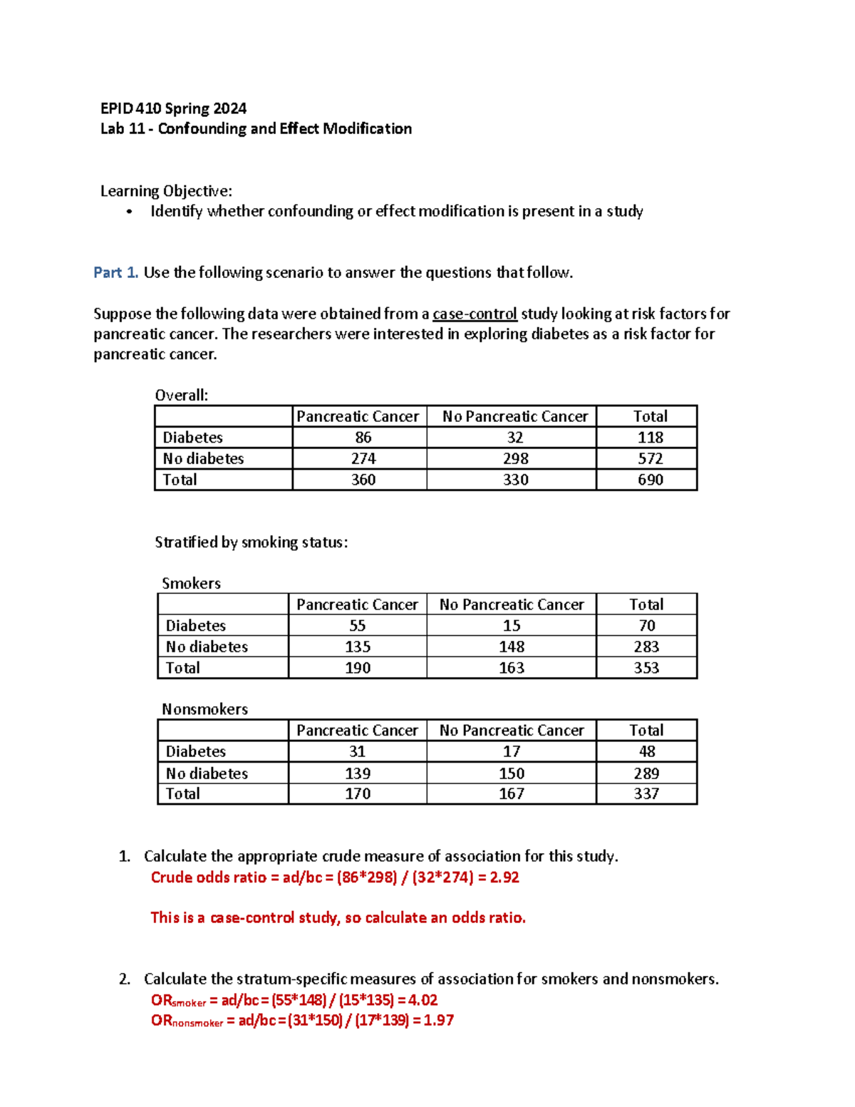 Confounding and Effect Modification Lab - EPID 410 Spring 2024 Lab 11 - Confounding and Effect ...