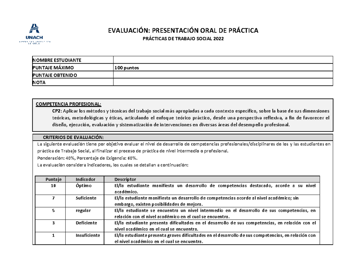 Instrumento Evaluación Examen Oral de Práctica - EVALUACI”N: PRESENTACI”N ORAL DE PR¡CTICA - Studocu