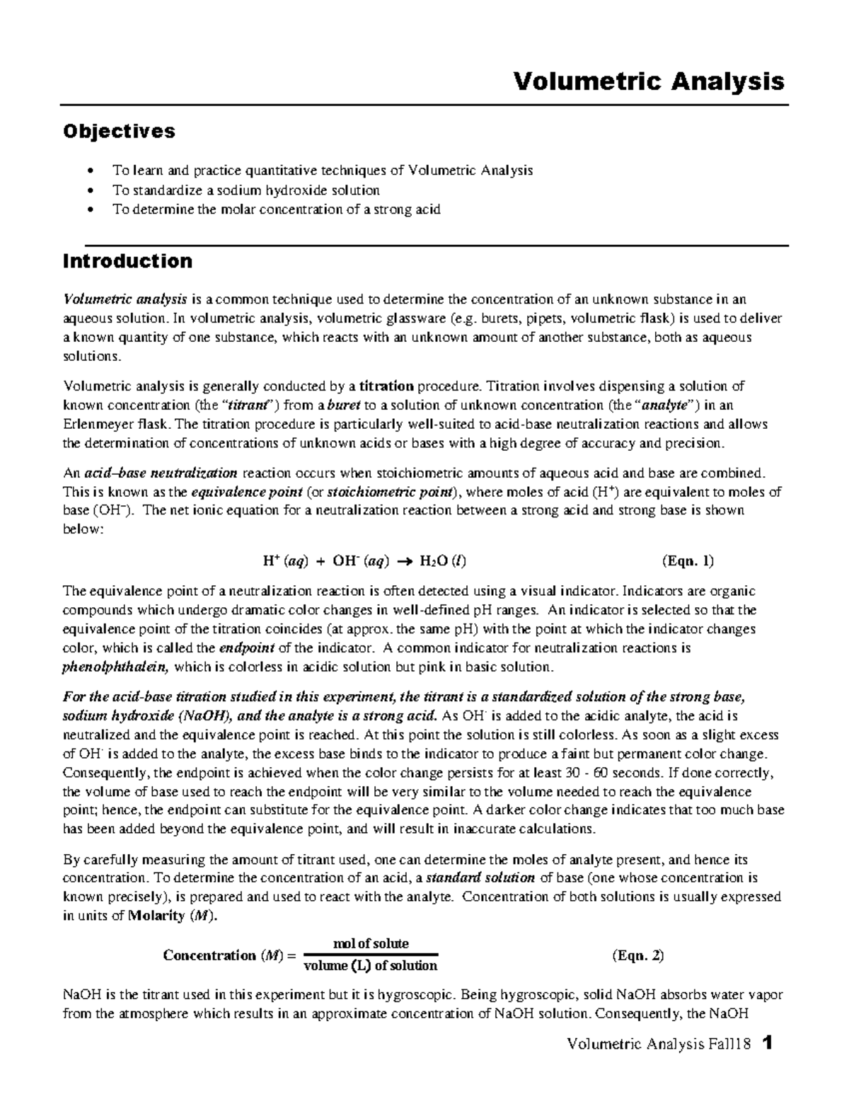 CHM 111 Volumetric Analysis Fall20 - Volumetric Analysis Fall18 1 ...