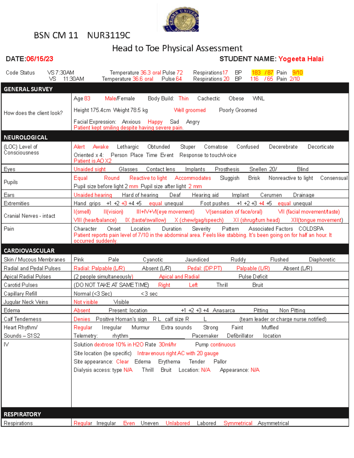 Head to Toe Patient Assessment week 6 - BSN CM 11 NUR3119C Head to Toe ...