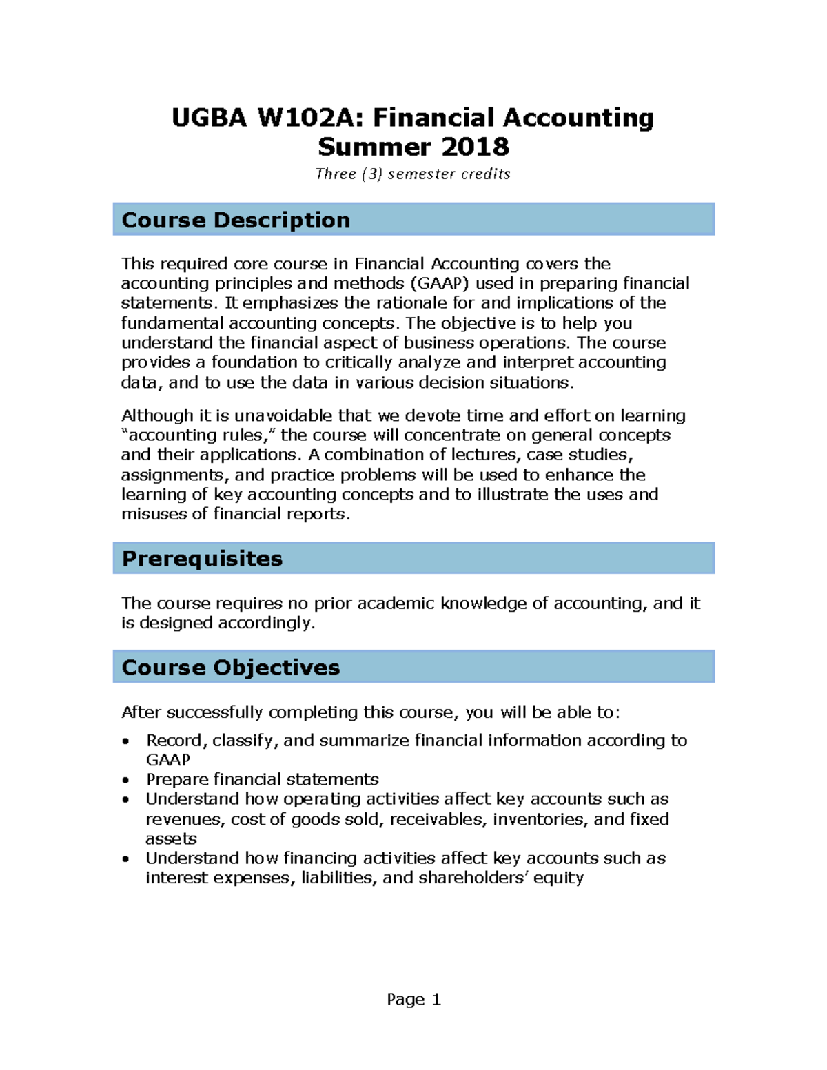 UGBA W102A Financial Accounting Syllabus - UGBA 102A - UCB - Studocu