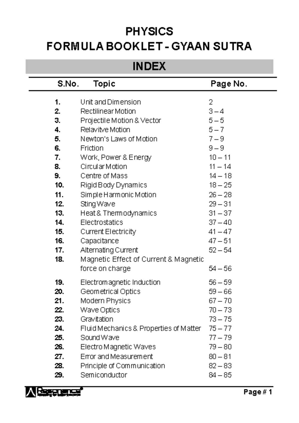 Physics formulas - PHYSICS FORMULA BOOKLET - GYAAN SUTRA INDEX Unit and ...