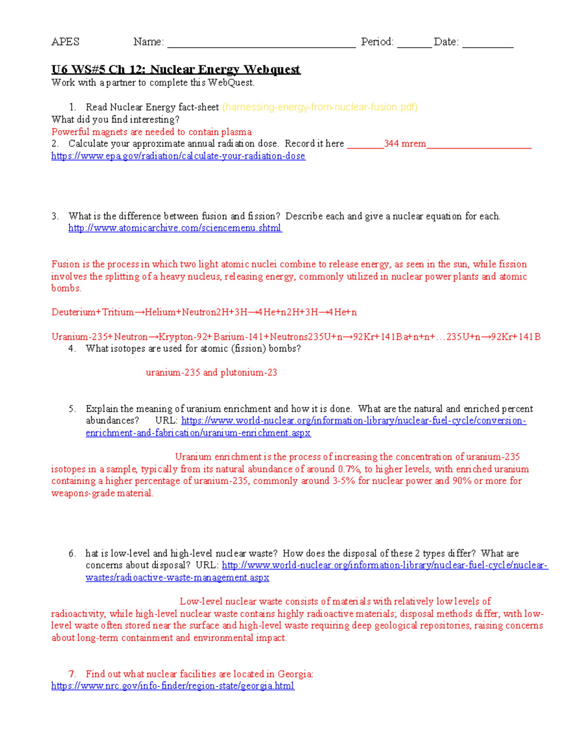 U6 Group Nuclear webquest APES 2122 N - U6 WS#5 Ch 12: Nuclear Energy ...