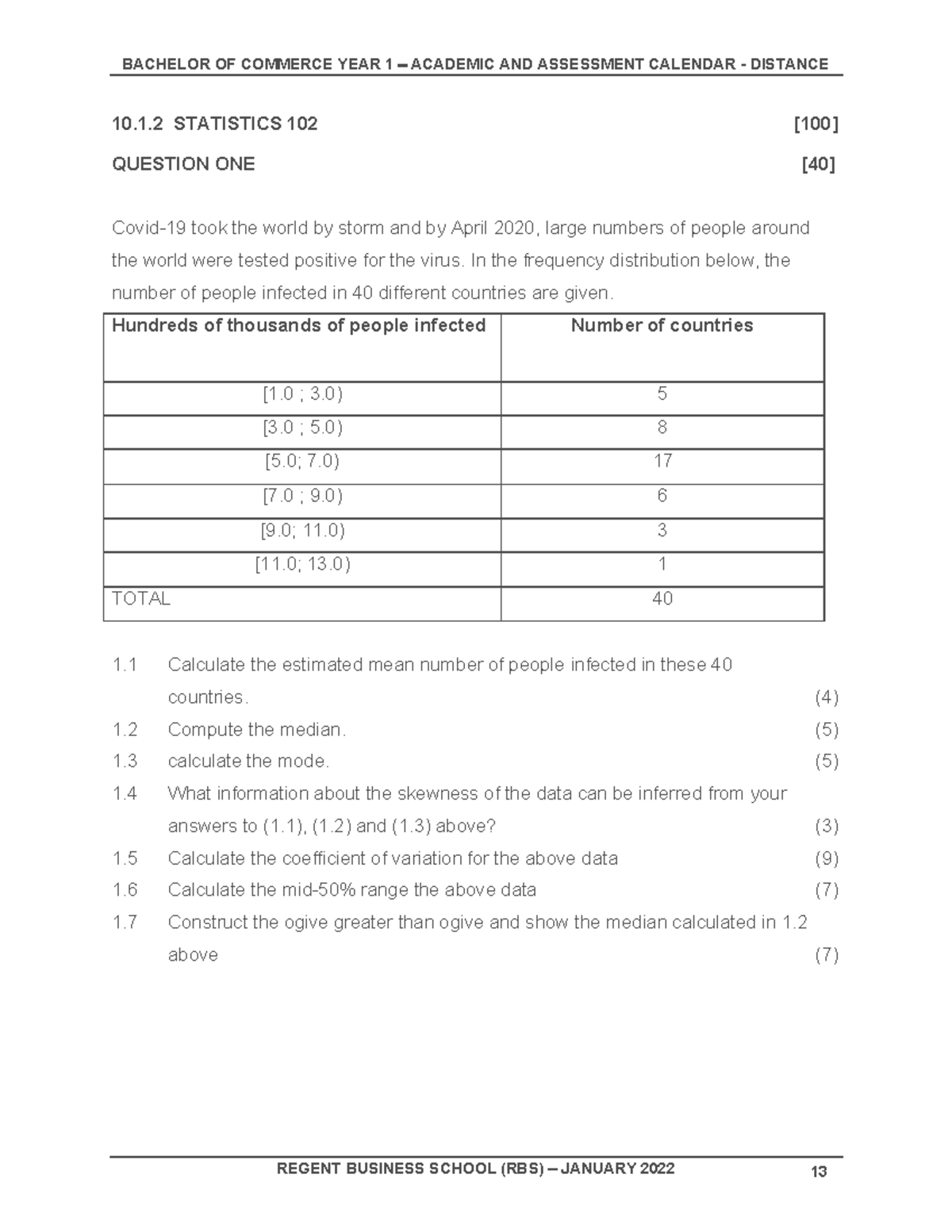 Bcom Statistics 1 past paper - BACHELOR OF COMMERCE YEAR 1 ACADEMIC AND ...