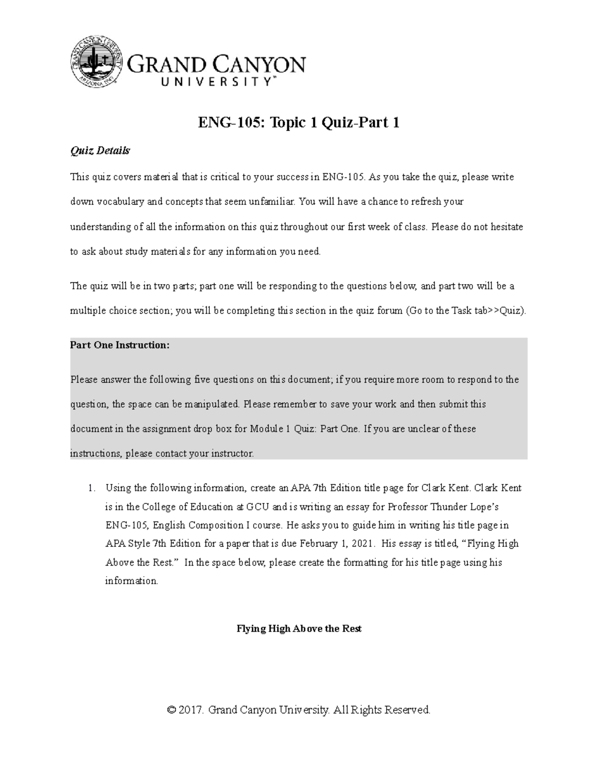 ENG-105 Topic 1 Quiz-Part 1 - ENG-105: Topic 1 Quiz-Part 1 Quiz Details ...