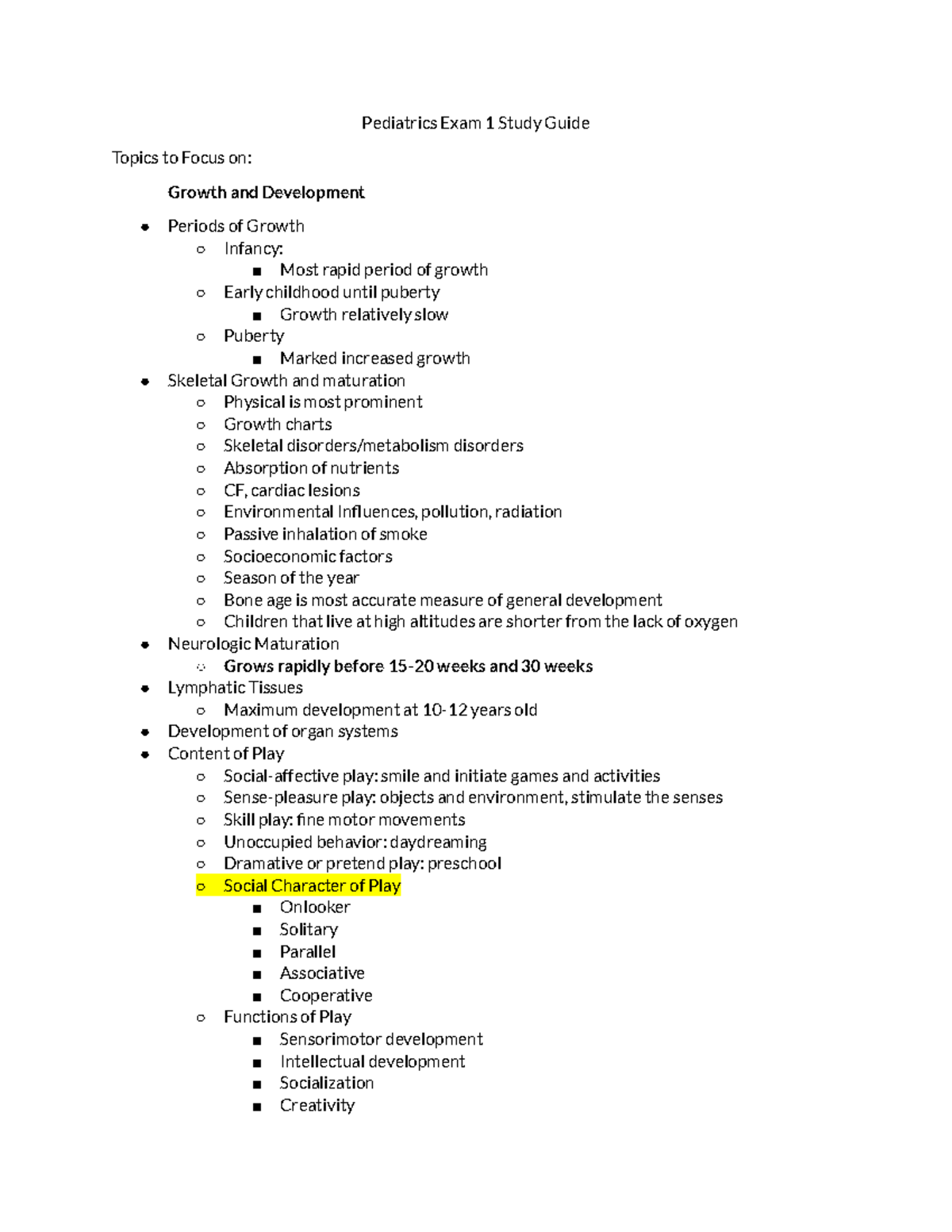 Peds Final Exam - Peds - Pediatrics Exam 1 Study Guide Topics to Focus ...