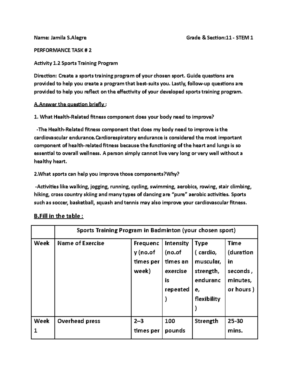 Pt2 in pe and health - Jamila S,A. - Name: Jamila S Grade & Section:11 ...