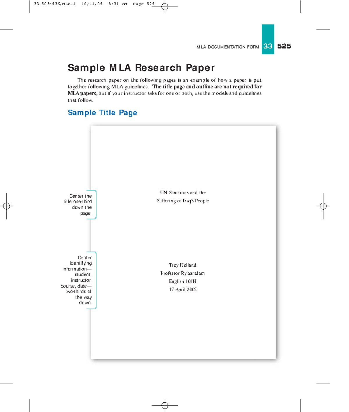 Student mla paper holland - M LA DOCUM ENTATION FORM 33 525 Sam ple M ...