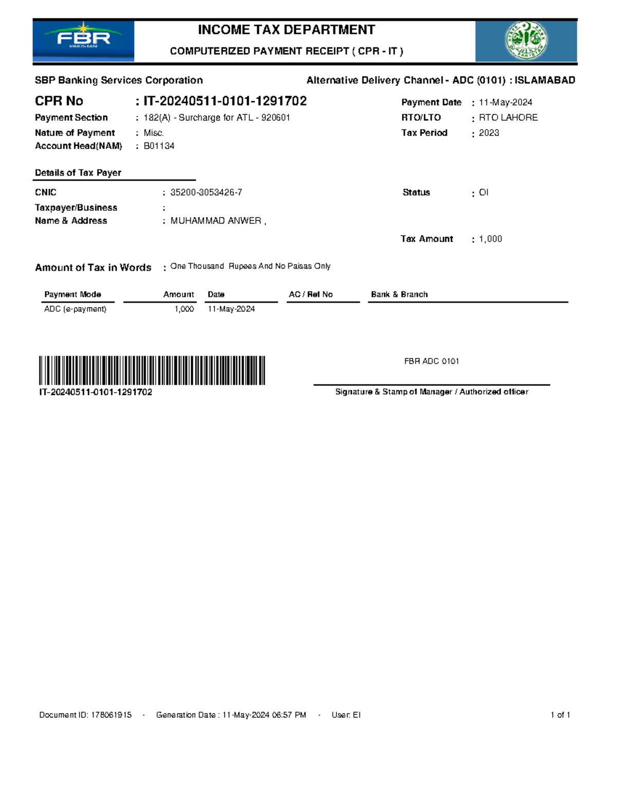 IT2024051101011291702 - INCOME TAX DEPARTMENT COMPUTERIZED PAYMENT ...