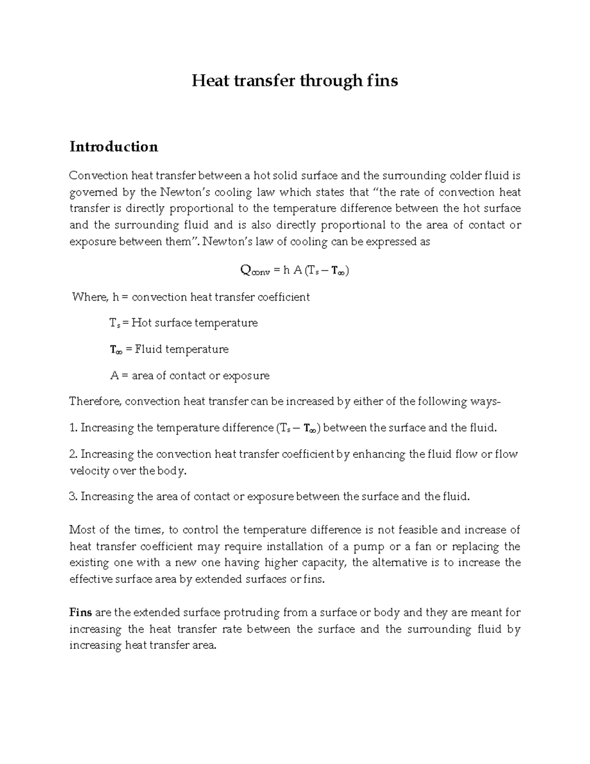 Heat transfer through fins - Heat transfer through fins Introduction ...