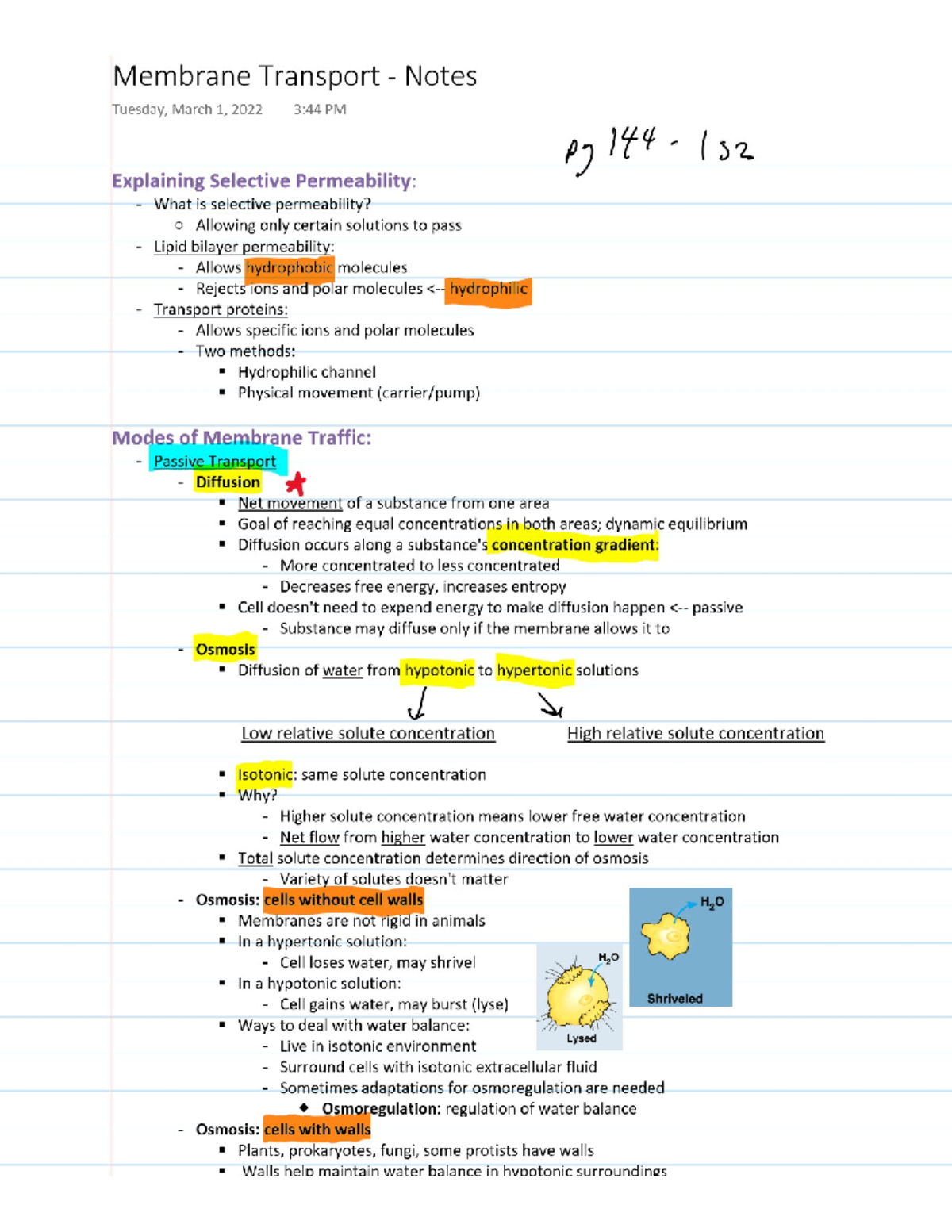 Membrane Transport - Notes - Bio152 - Studocu