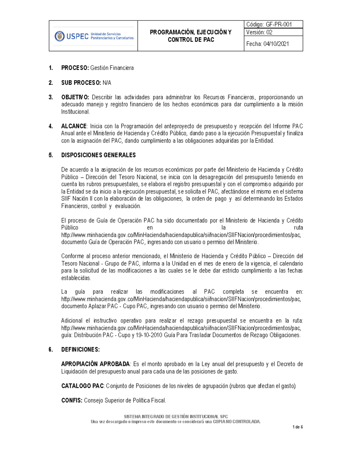 Gf pr 001 programacion ejecucion y control pac - PROGRAMACIÓN ...