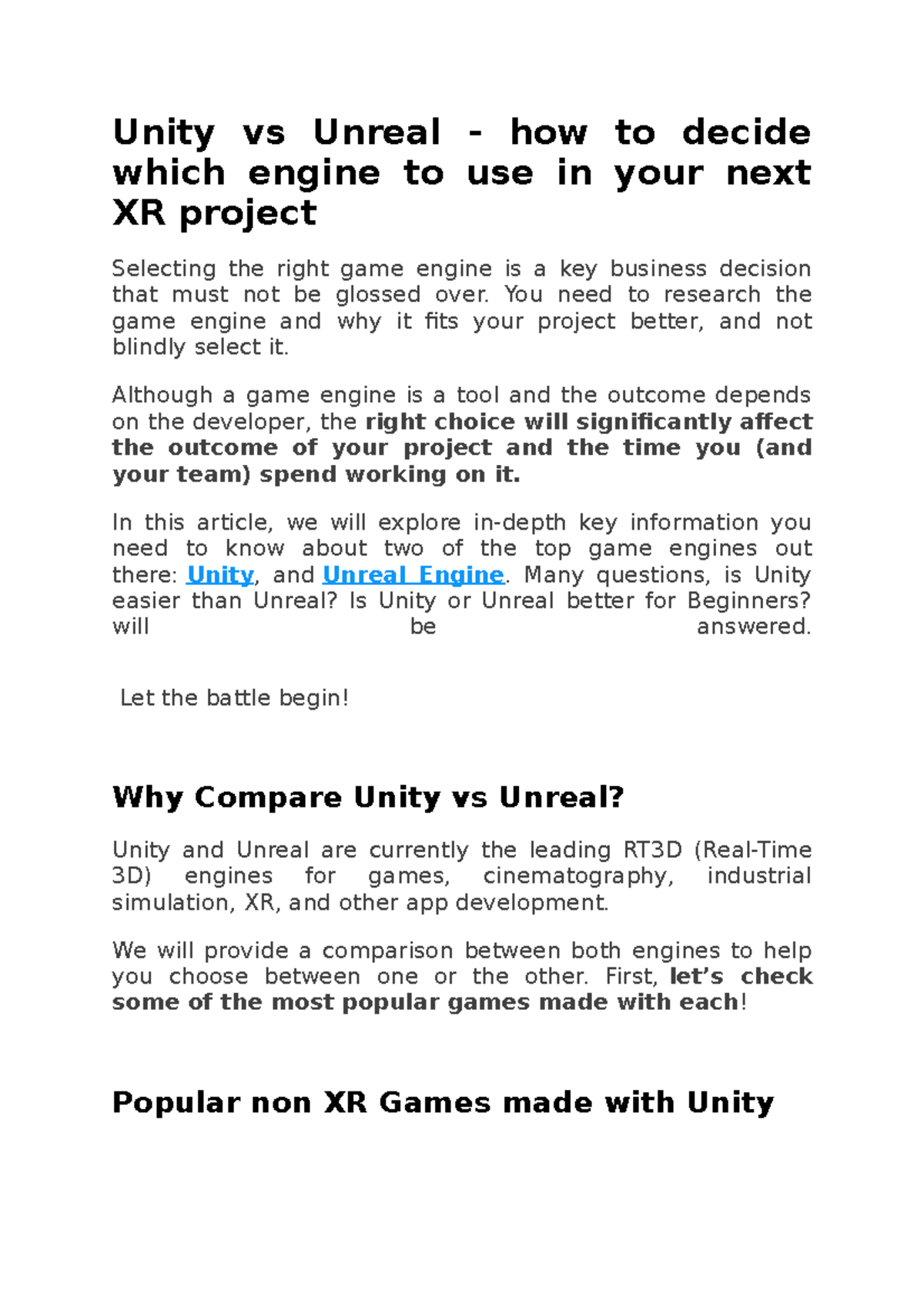 Unity vs Unreal - You need to research the game engine and why it fits ...
