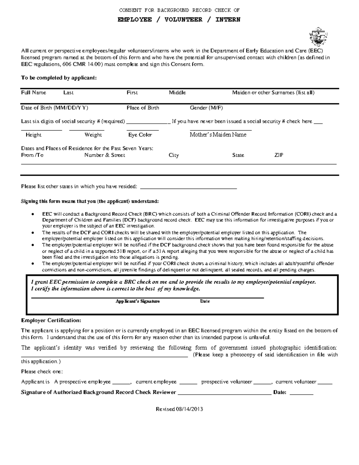 EEC Consent - Notes - CONSENT FOR BACKGROUND RECORD CHECK OF EMPLOYEE ...