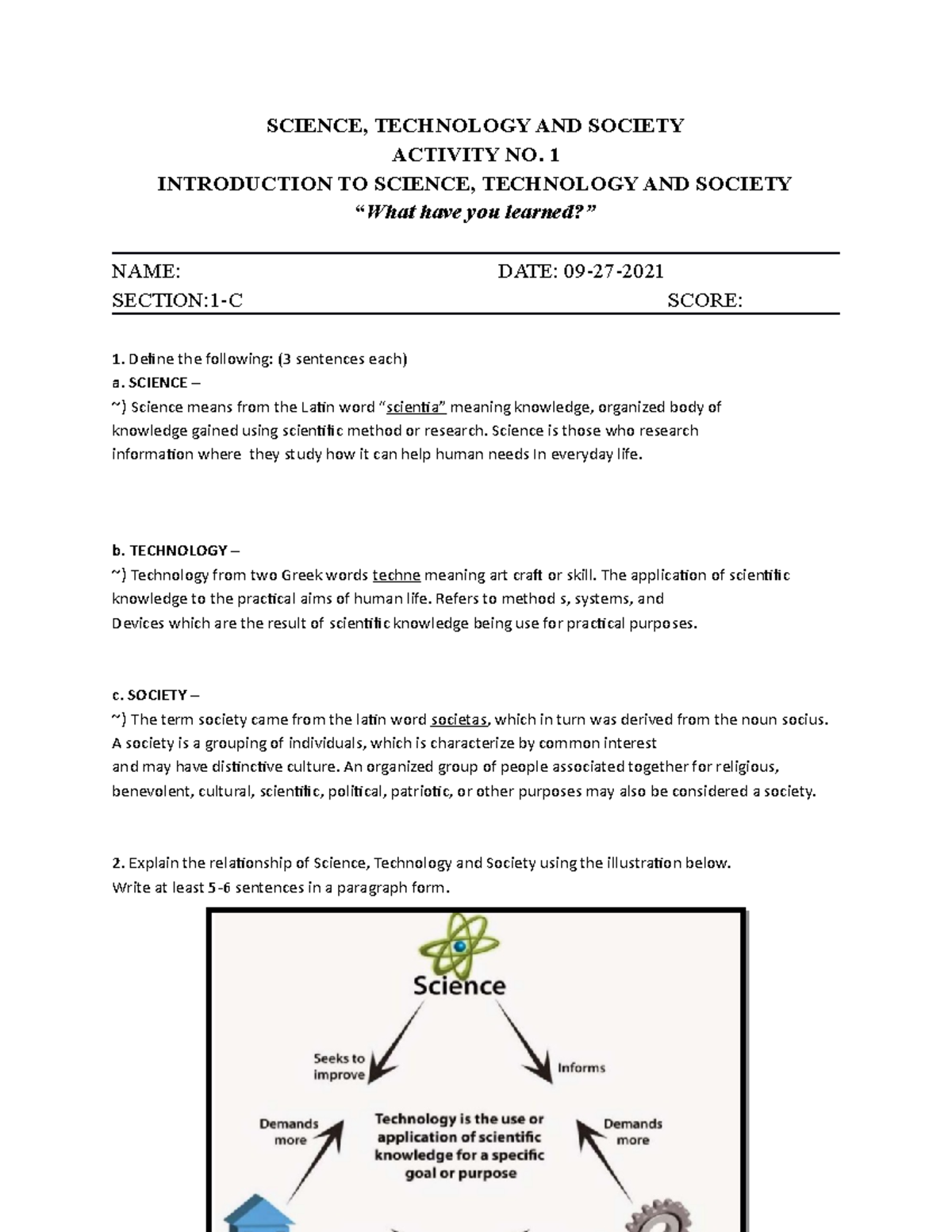 Activity - INTRODUCTION TO SCIENCE, TECHNOLOGY AND SOCIETY - SCIENCE ...