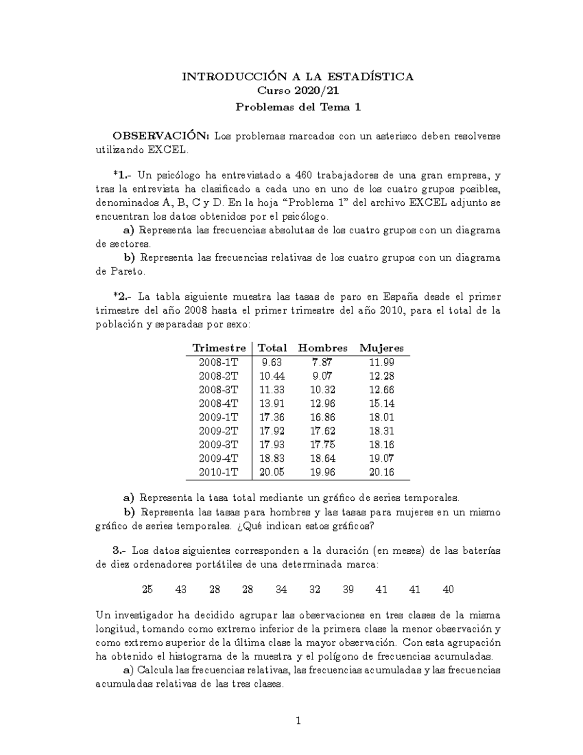 Problemastema 1 introducción a la estadística 1º de tade año - INTRODUCCI”N A LA ESTADÕSTICA ...