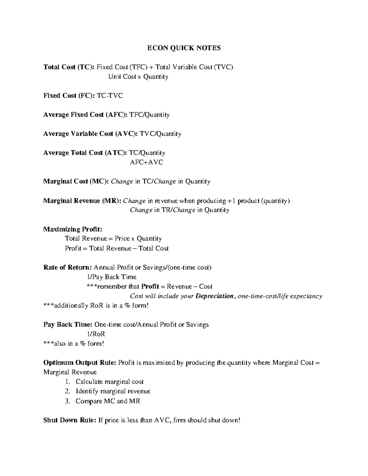 ECON Quick Notes - Formulas that you will use during the class. - ECON ...