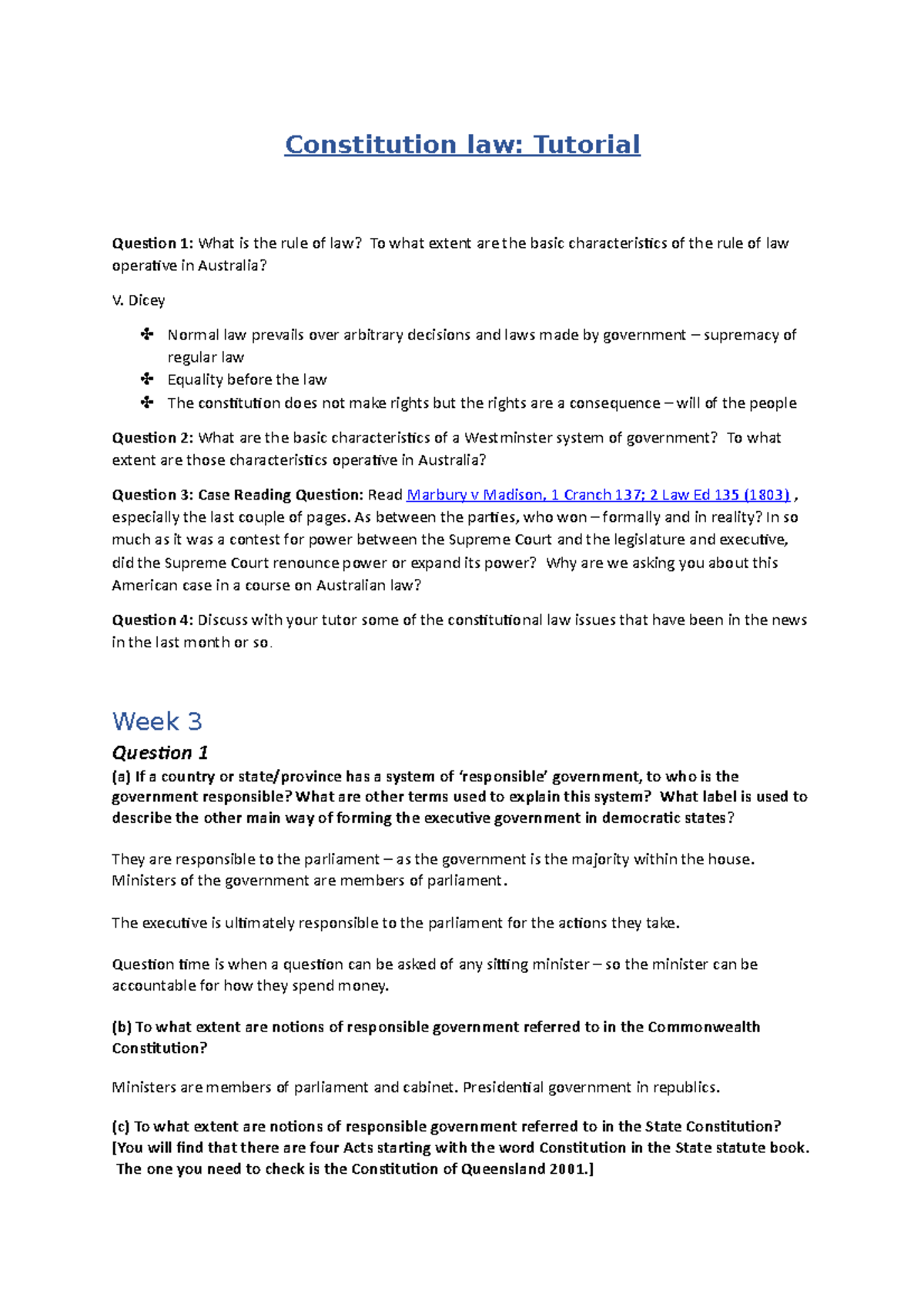 Constitution law tut notes - Constitution law: Tutorial Question 1 ...