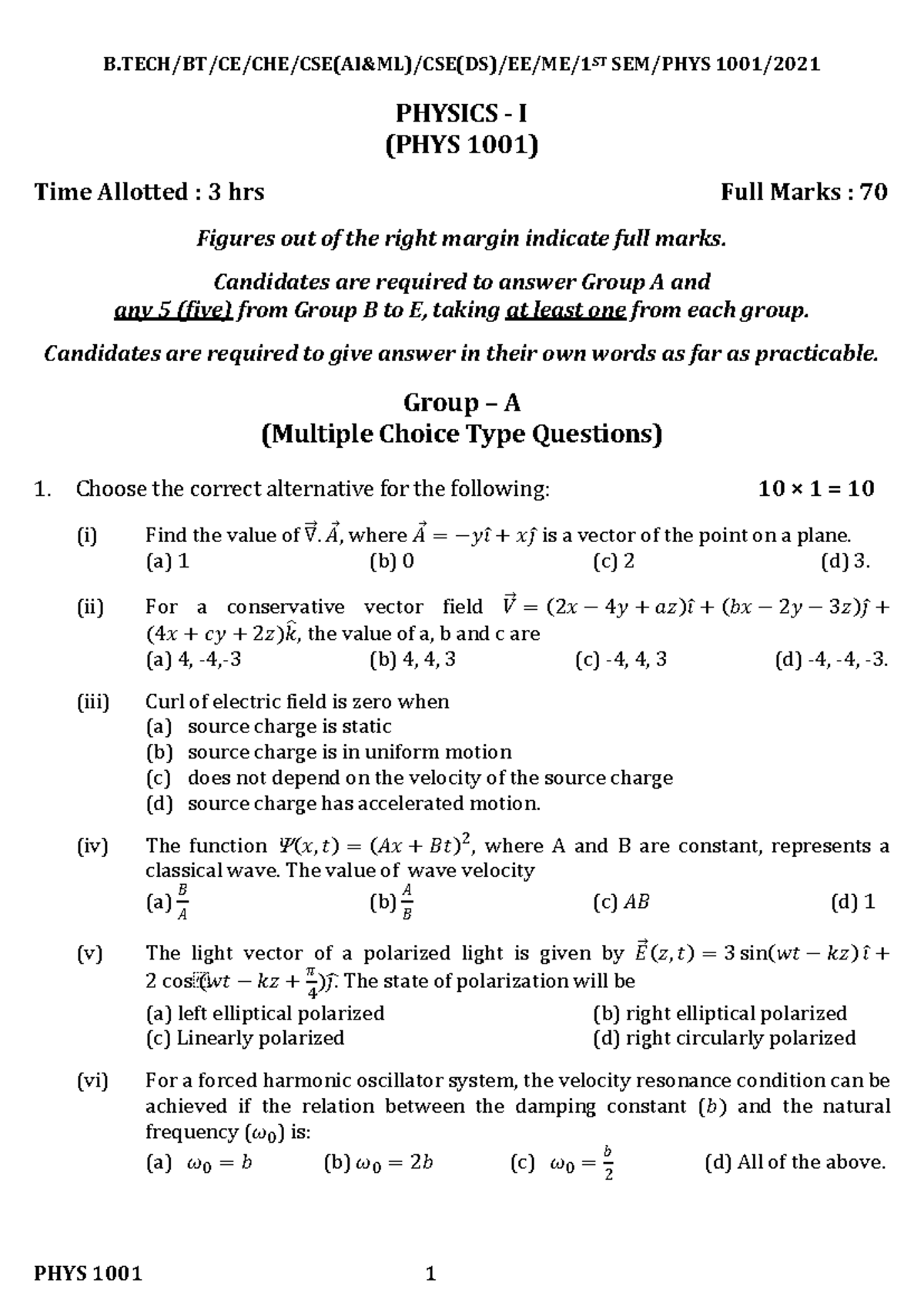 Physics - I (PHYS 1001) - notes - B/BT/CE/CHE/CSE(AI&ML)/CSE(DS)/EE/ME ...